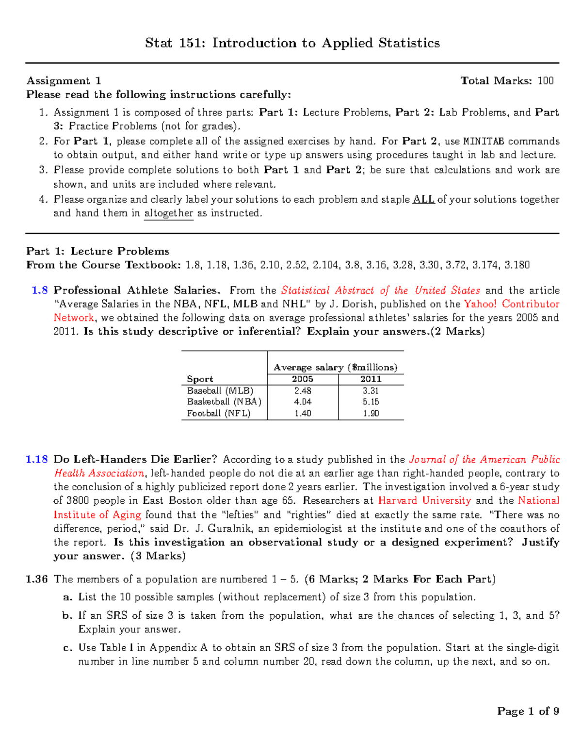 Stat151 A1 Questions V 2 Stat 151 Introduction To Applied Statistics Assignment 1 Total Marks