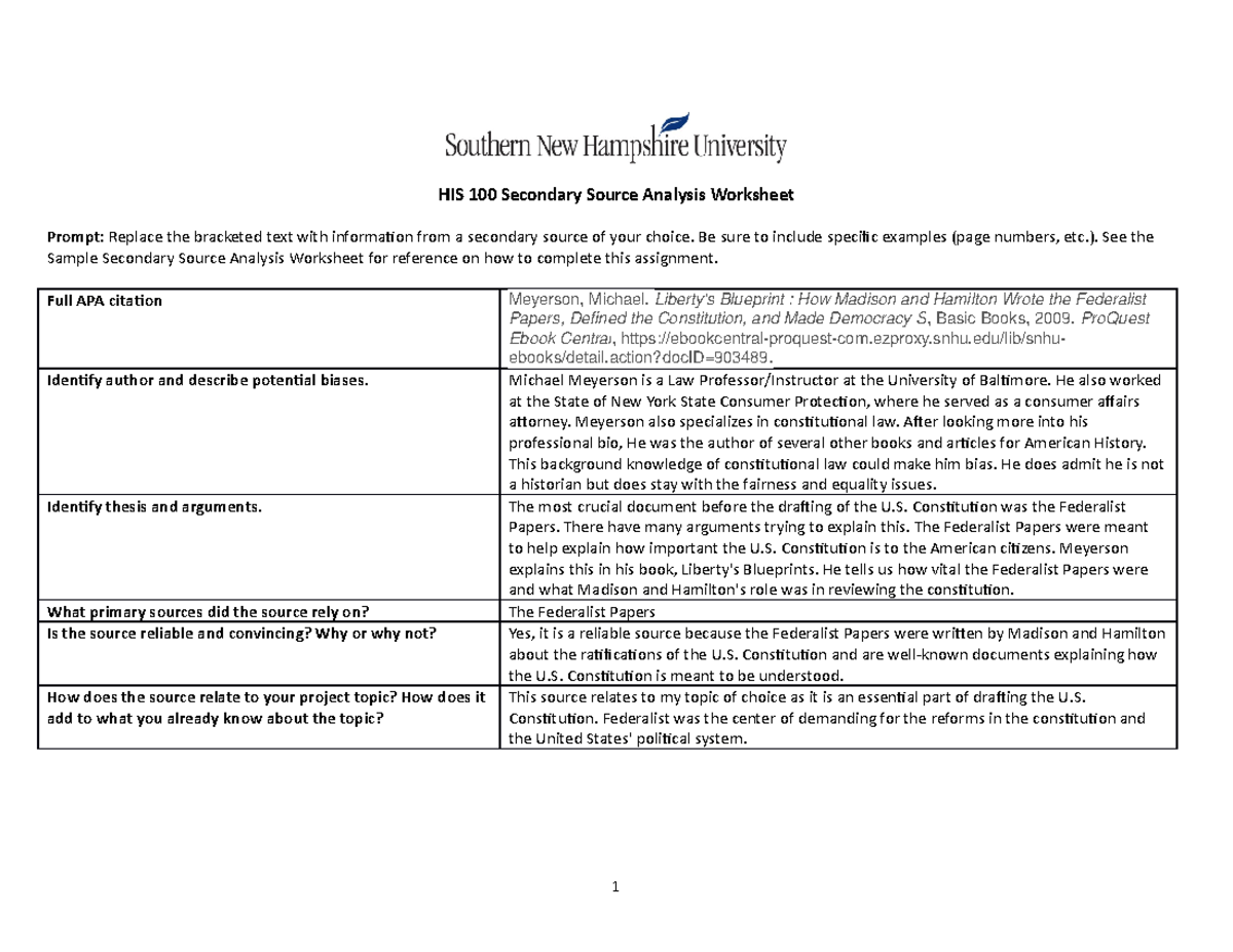 HIS 100 Secondary Source Analysis Worksheet - HIS 100 Secondary Source ...