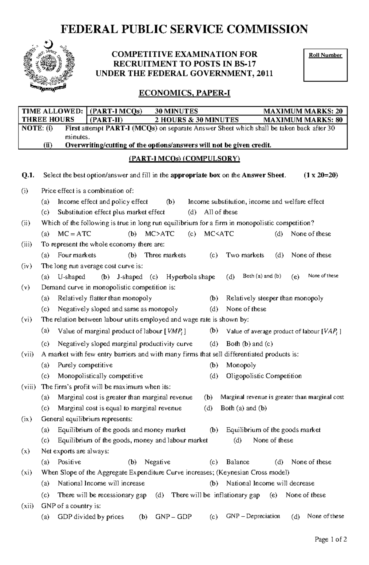 Economics CSS paper - 20 1 1 - Econometrics - AWKUM - Studocu