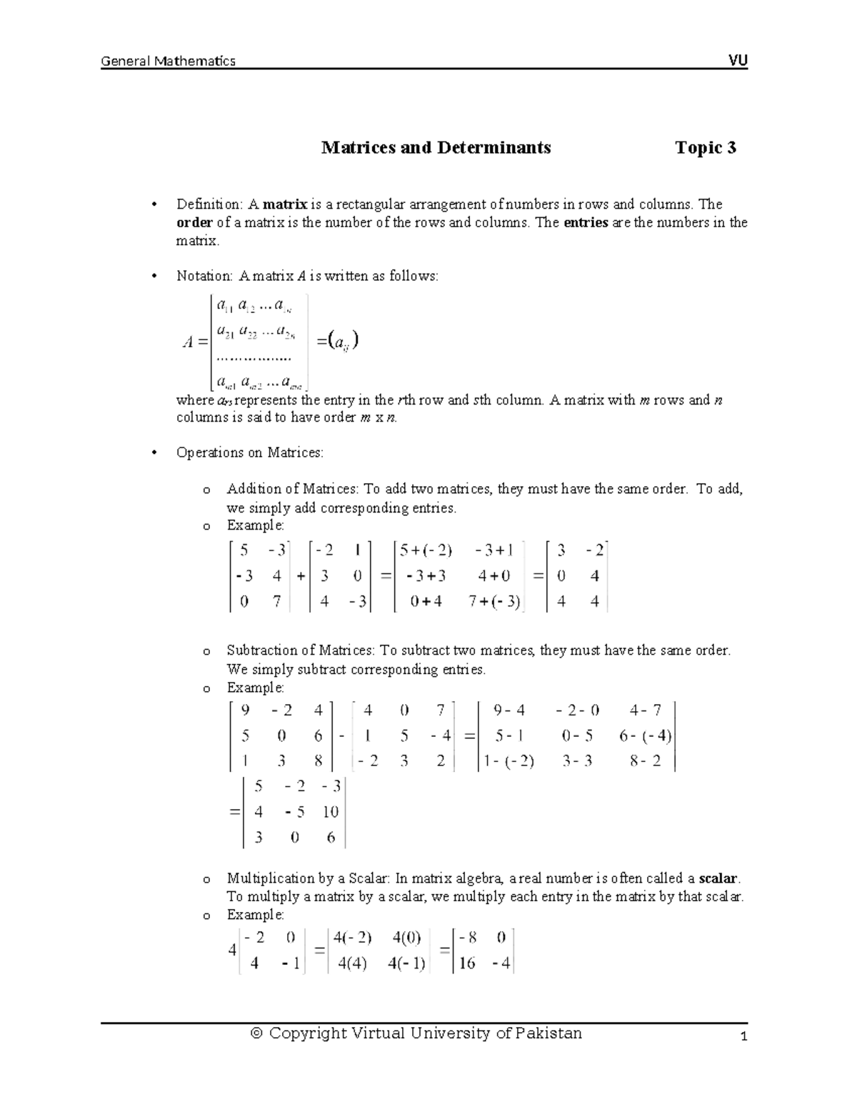 Topic-3 - Summary Bs Computer science - Matrices and Determinants Topic ...