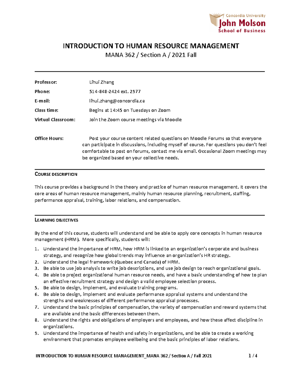 Course Outline MANA362 Section A 2021Fall (14) - INTRODUCTION TO HUMAN ...