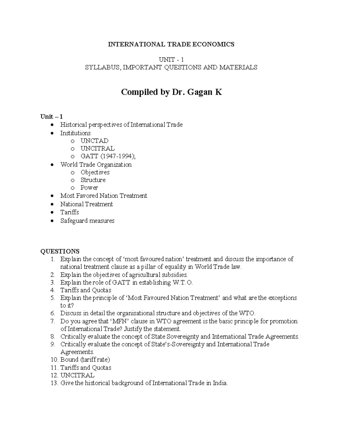 001 unit 1 questions - Notes and coursework - INTERNATIONAL TRADE ...