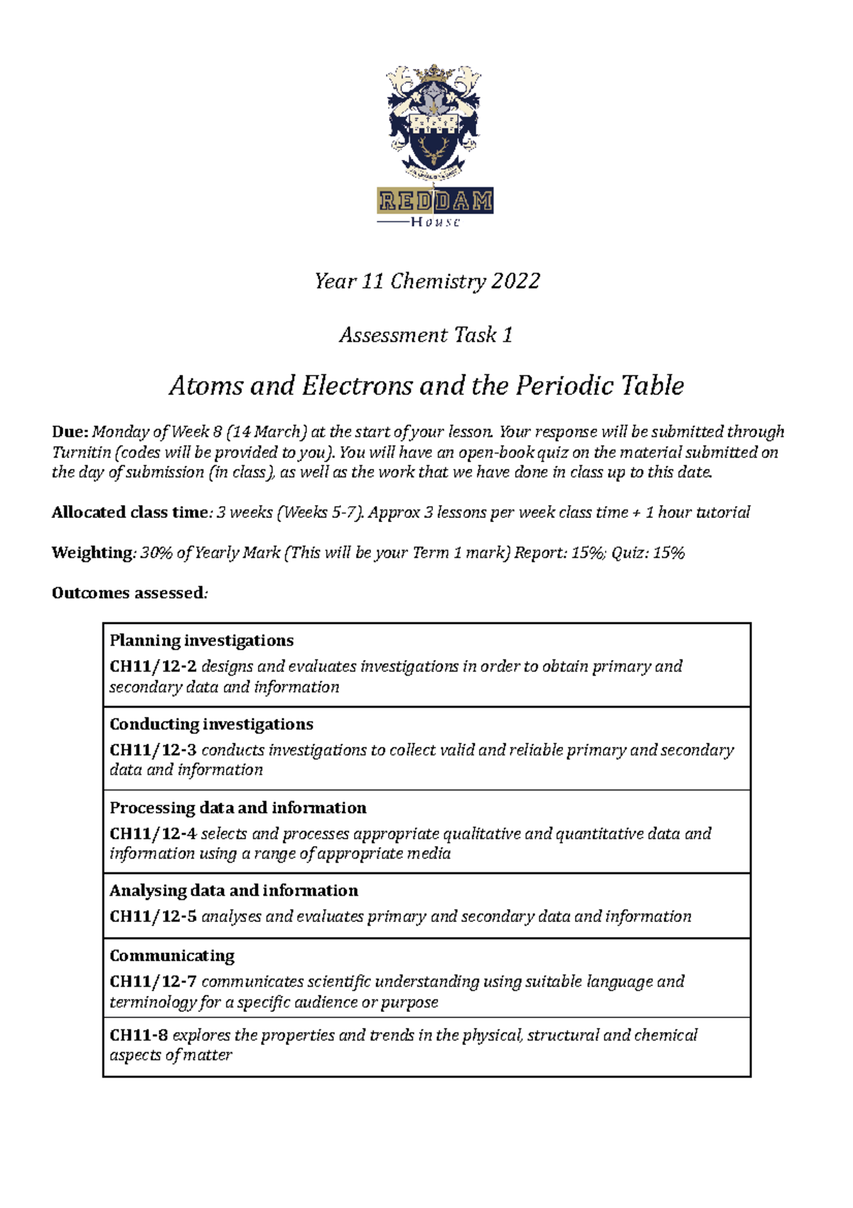 Year11Chemistry 2022 Notification sheet - Year 11 Chemistry 2022 ...