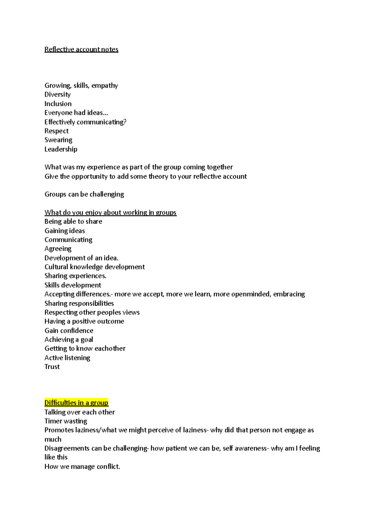 Reflective Account notes - Reflective account notes Growing, skills ...