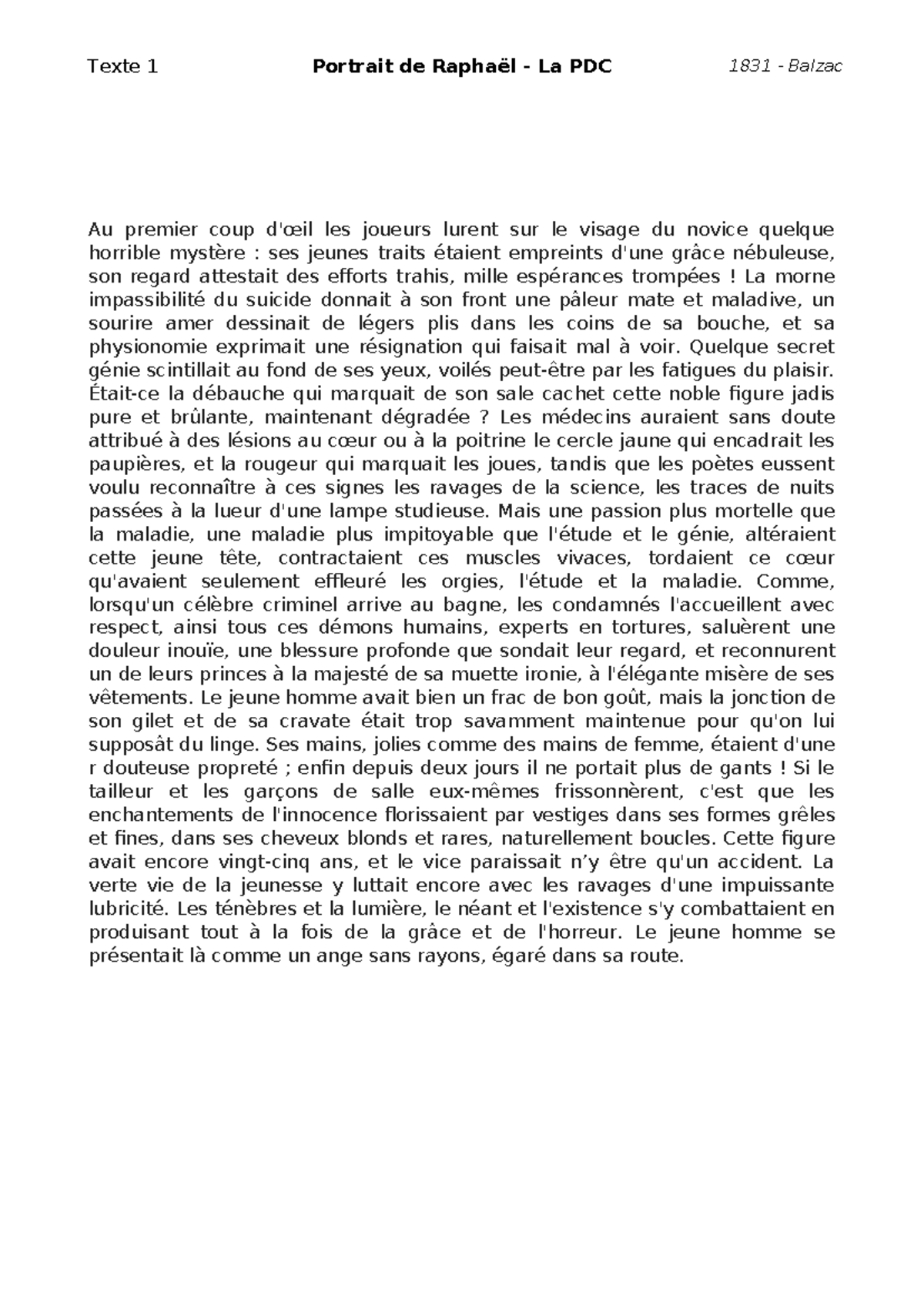Texte 1 vierge - la peau de chagrin - Texte 1 Portrait de Raphaël - La PDC 1831 - Balzac Au ...