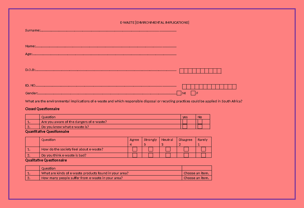 Questionnaire - phase 2 - E-WASTE [ENVIRONMENTAL IMPLICATIONS] - Studocu