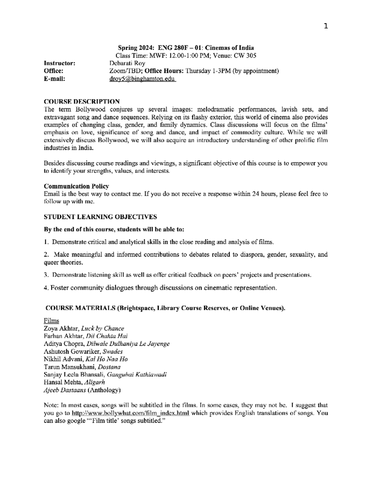 Syllabus Overview - Spring Cinemas of India - ENG280F - Studocu