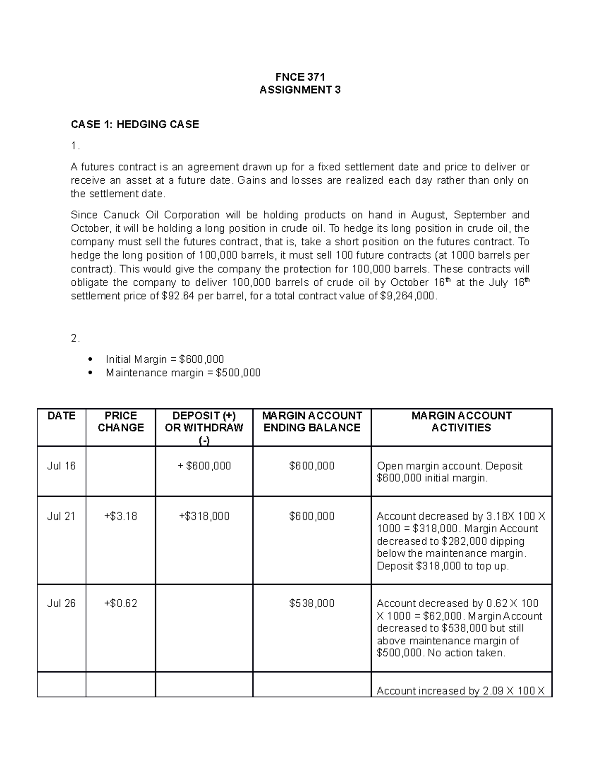 Atif Fnce371 Assign 3 - FNCE 371 ASSIGNMENT 3 CASE 1: HEDGING CASE 1. A ...