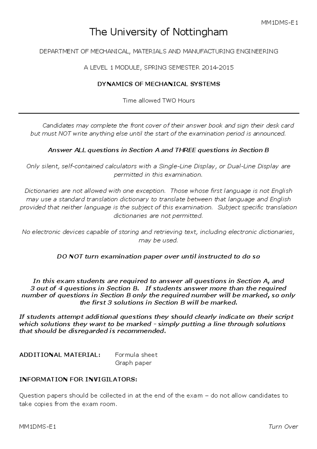 Exam 2014, Questions - MM1DMS-E MM1DMS-E1 Turn Over The University of Nottingham DEPARTMENT OF ...