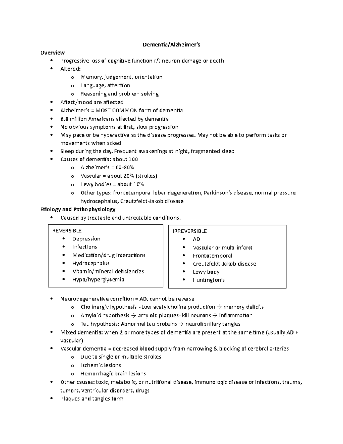 Dementia - nursing - Dementia/Alzheimer’s Overview Progressive loss of ...