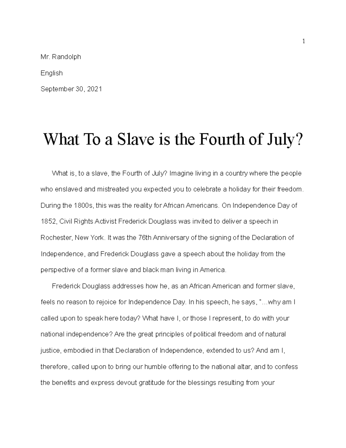 (Rough Draft) What to a Slave is the Fourth of July (Intro) - 1 Mr ...