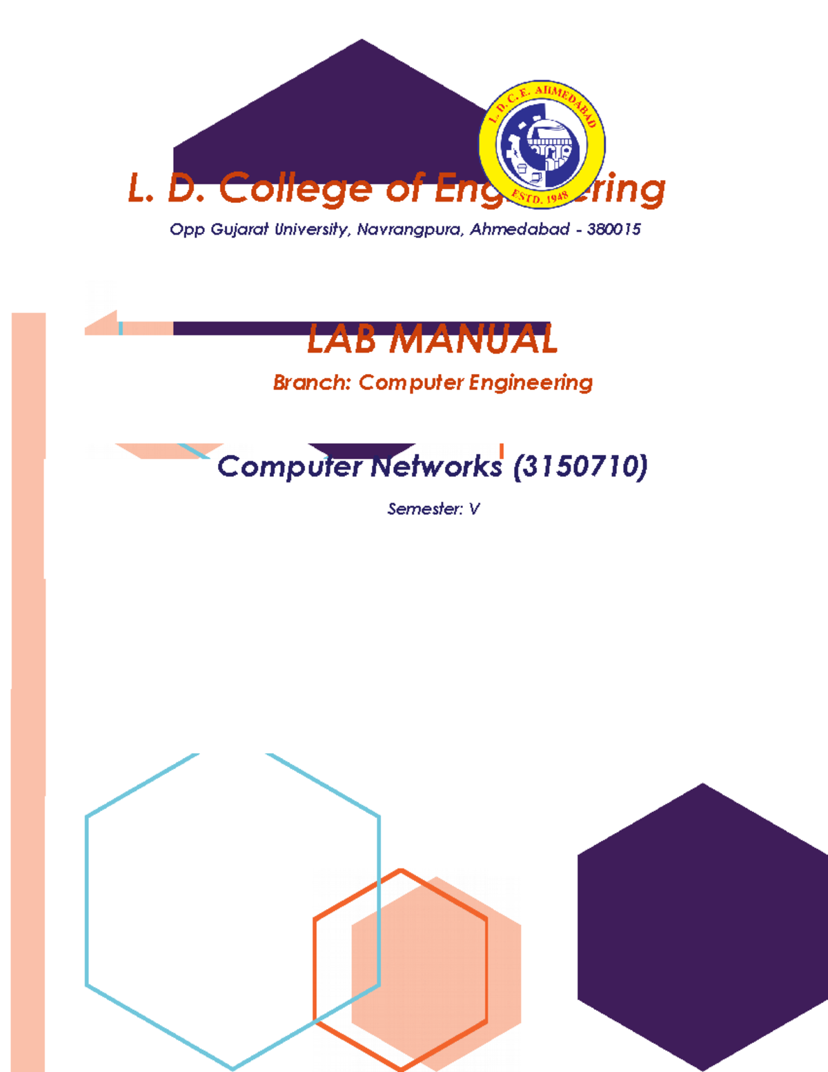 12. Lab Manual CN 23-24 - cjxydv - Computer Networks (3150710) Semester: V L. D. College of ...