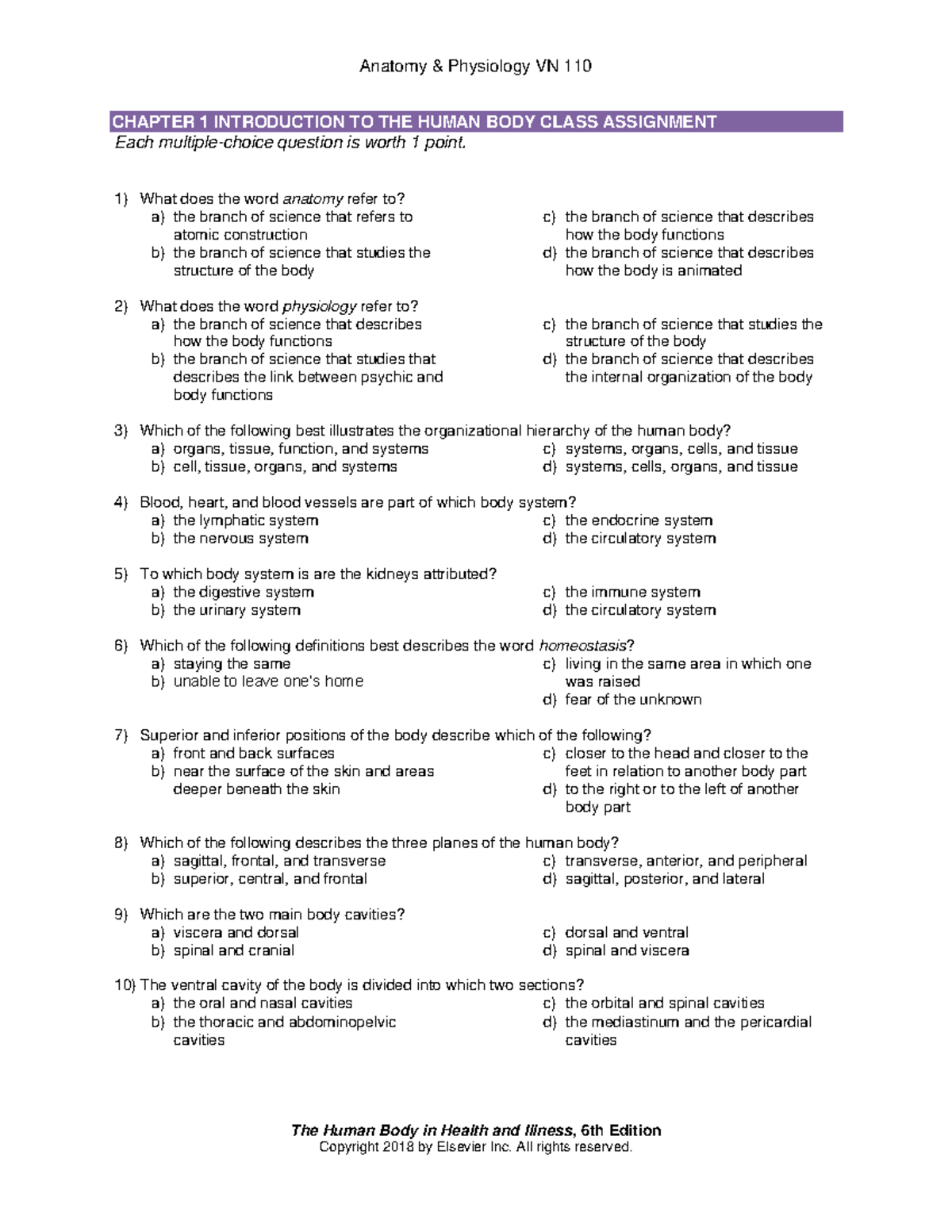 Anatomy and physiology chapter 1 and 2 homework - Anatomy & Physiology ...