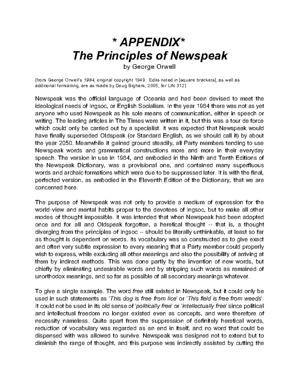 The principles of newspeak orwell - * APPENDIX* The Principles of ...