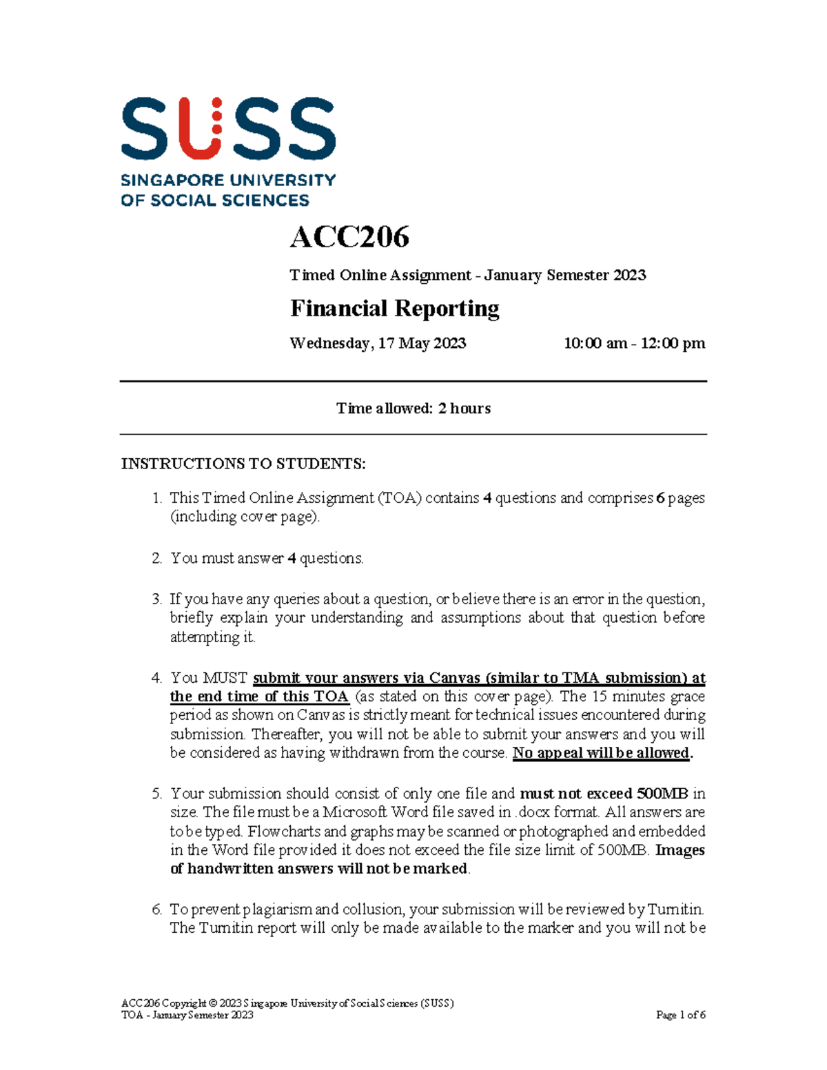 ACC206 JAN 2023 TOA - exam paper for 2023 - ACC206 Copyright © 2023 ...