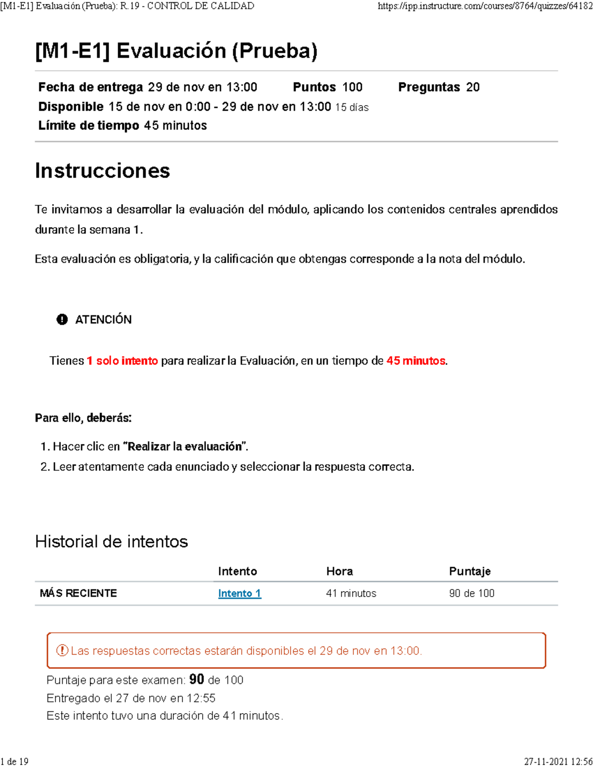 [M1-E1] Evaluación (Prueba) R.19 - Control DE Calidad - [M1-E1] Evaluación (Prueba) Fecha de ...