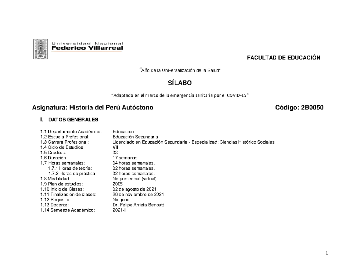 Silabo DE Historia DEL PERU Autoctono 21 - FACULTAD DE EDUCACIÓN “Año ...