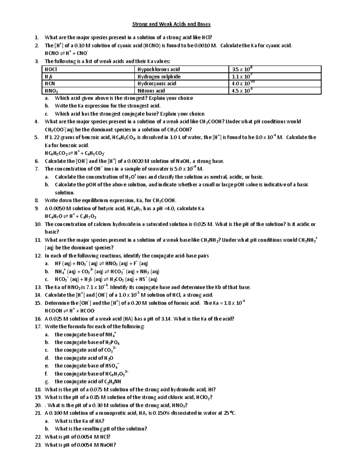 Worksheet - Acid and Base Dissociation 4 - Strong and Weak Acids and ...