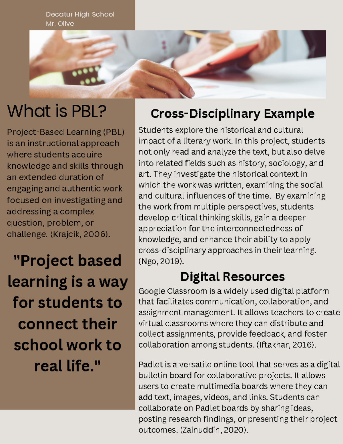 SEC-530 UO Project Based Handout - What is PBL? Decatur High School Mr ...