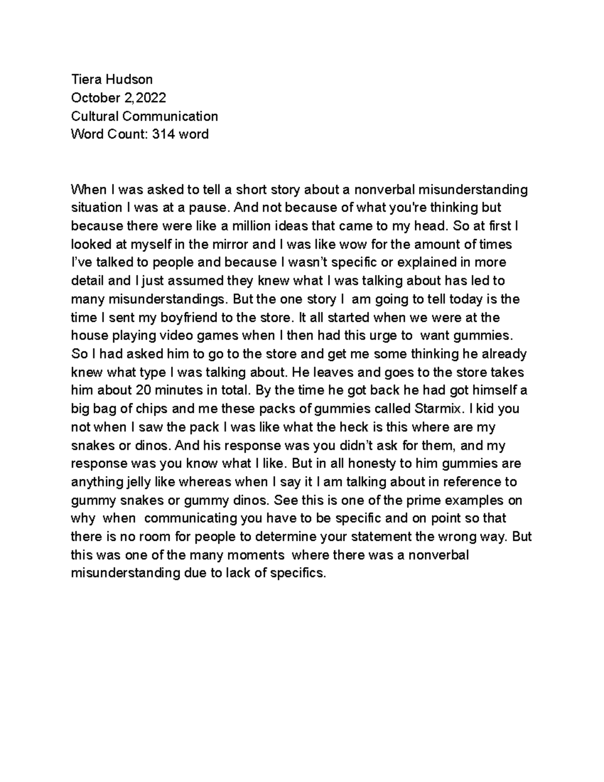 Nonverbal misunderstanding - Tiera Hudson October 2, Cultural ...