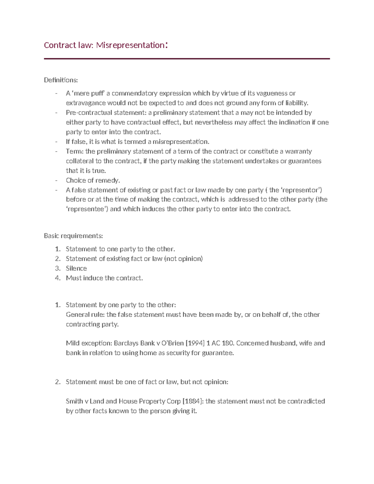 Misrepresentation - Lecture notes - Contract law: Misrepresentation ...