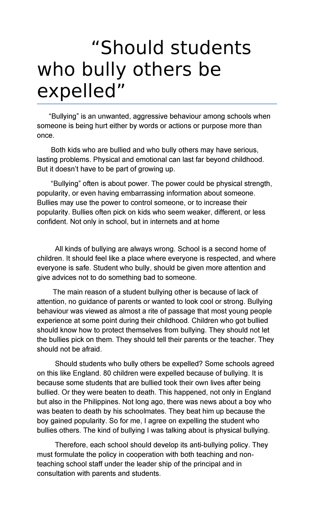 Bullying persuasive speech - “Should students who bully others be ...