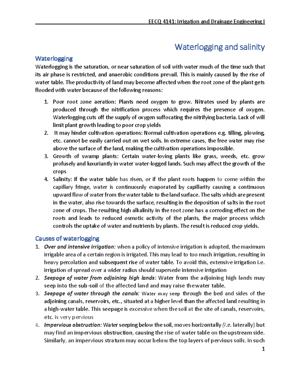EECQ 4141 Water logging and salinity - Waterlogging and salinity Waterlogging Waterlogging is ...