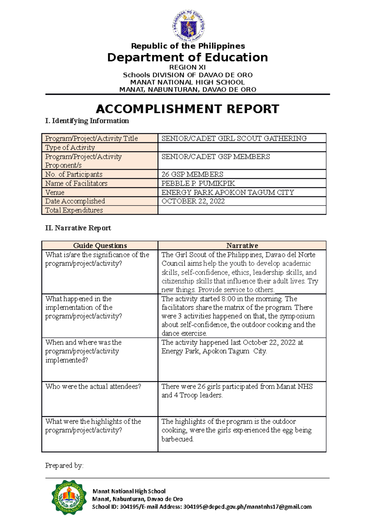 Accomplishment GSP - rr3e4rg - Republic of the Philippines Department ...