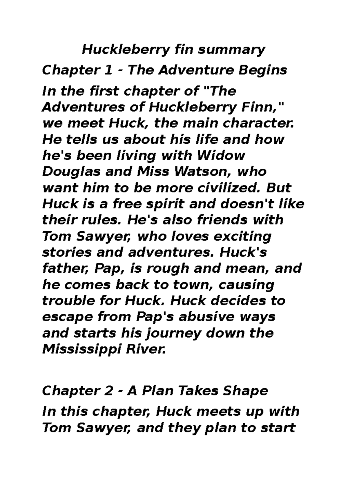 Huckleberry fin summary - Huckleberry fin summary Chapter 1 - The ...