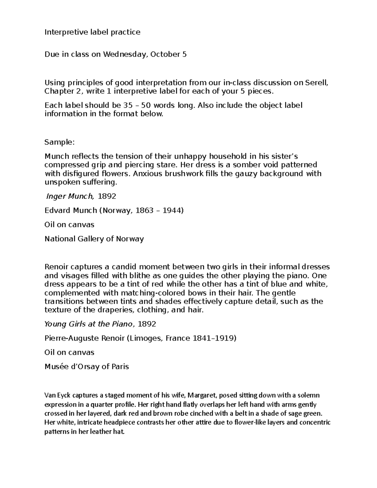 Interpretive label practice - Each label should be 35 – 50 words long ...