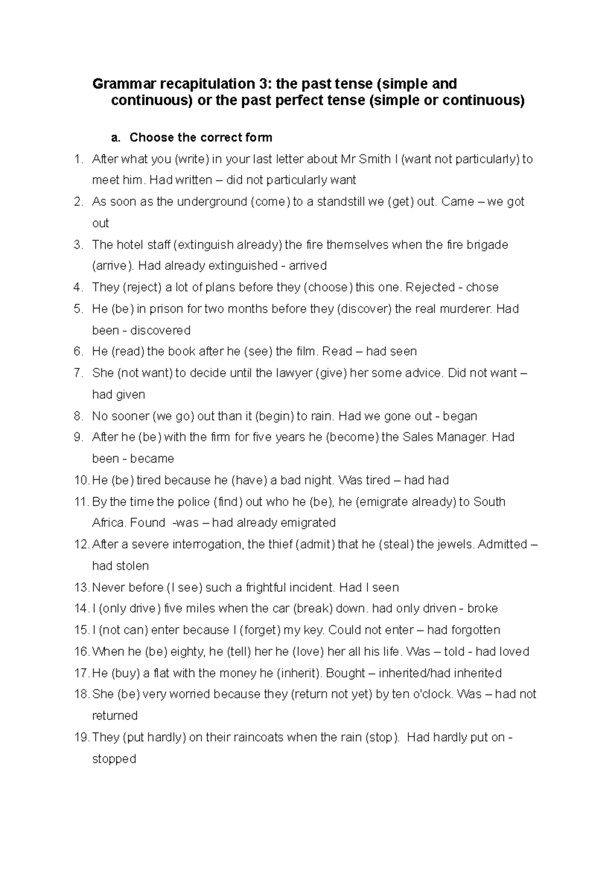 E1 Grammar key grammar recap 3 - Grammar recapitulation 3: the past ...