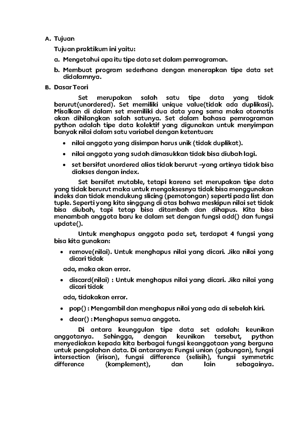6. Laporan Praktikum Tipe Data Set - A. Tujuan Tujuan praktikum ini ...