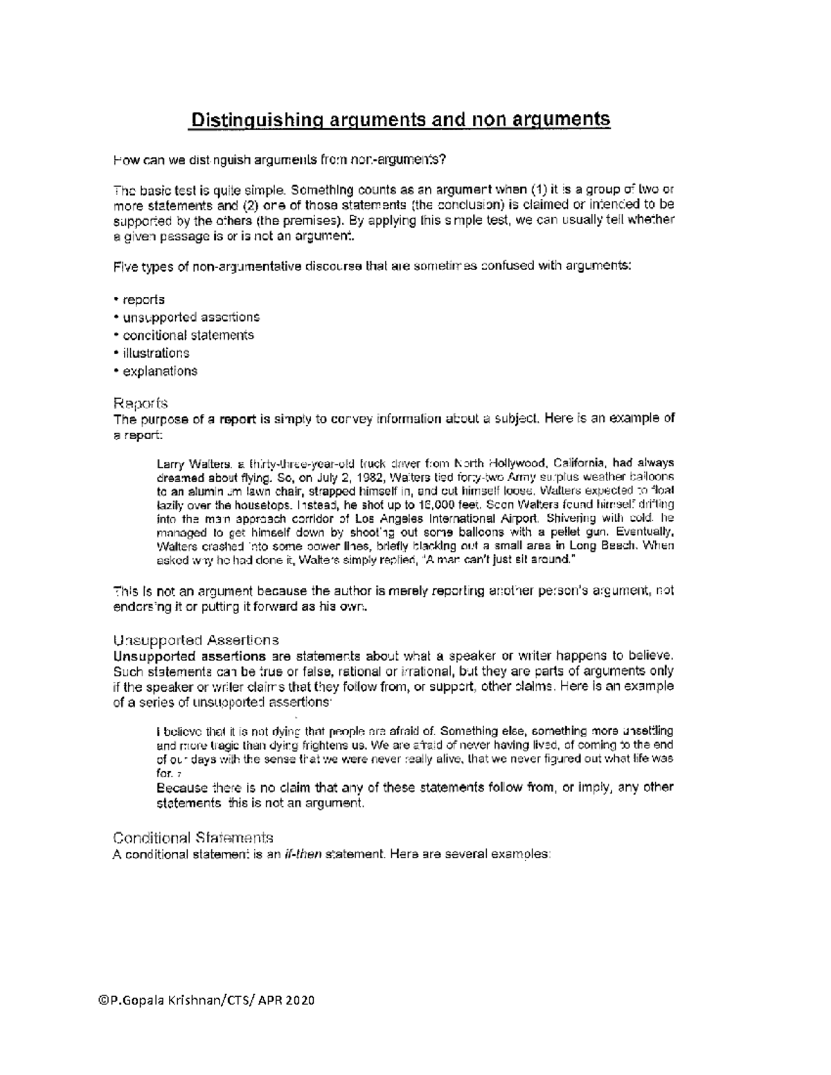Arguments and non-arguments P.Gopala Krishnan - Critical Thinking Skills - Studocu