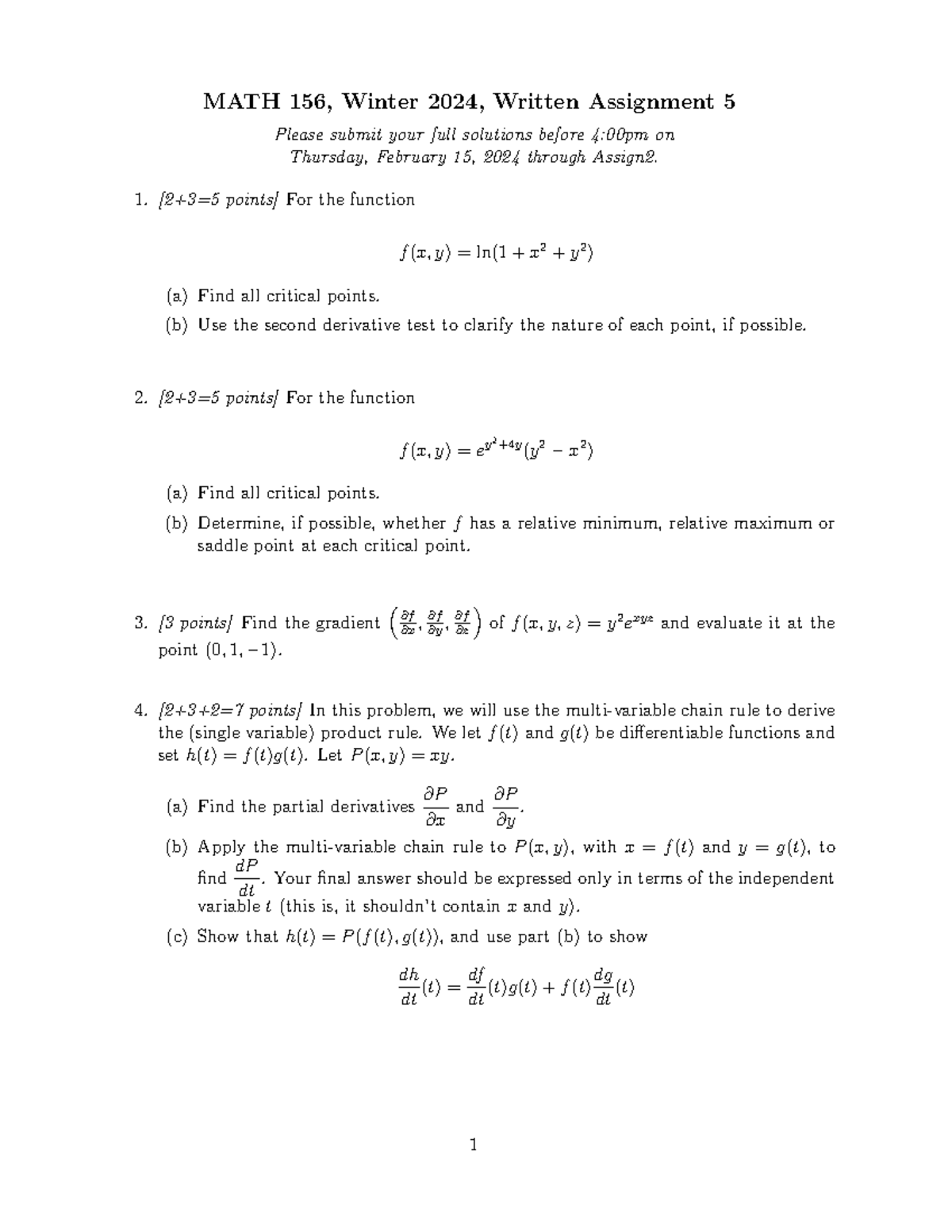 Written Assignment 5 - [2+3=5 points] For the function f (x, y) = ln(1 ...