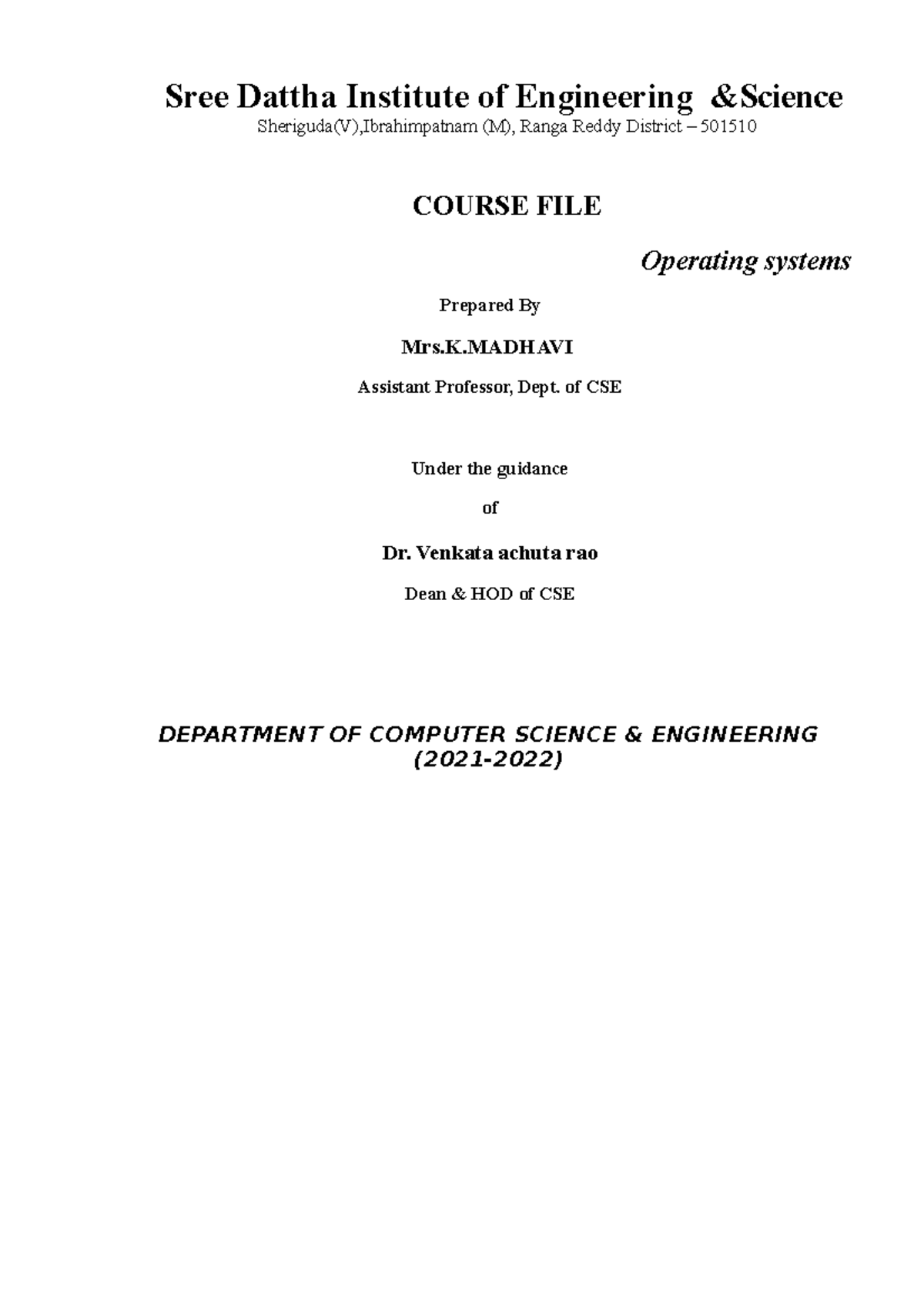 PPS Course FILE 2021-22 - Sree Dattha Institute of Engineering &Science - Studocu