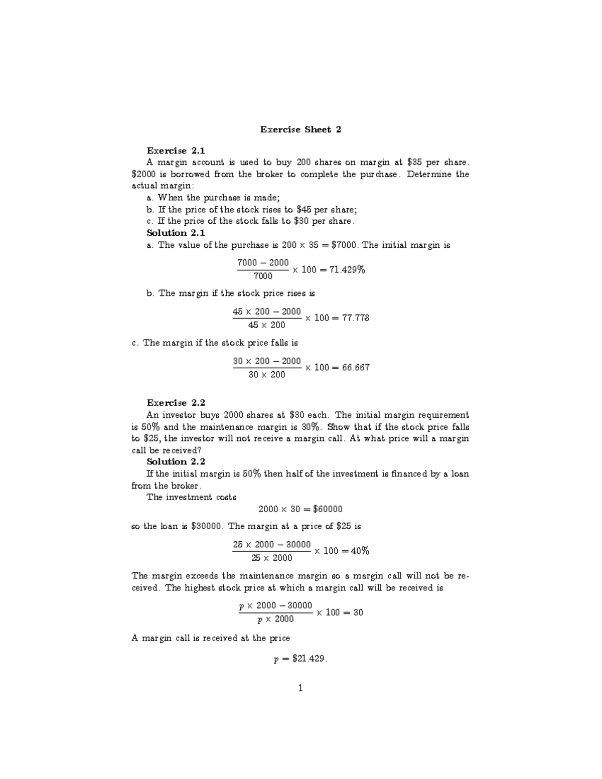 Exercise 2 + Solution - Exercise Sheet 2 Exercise 2. A margin account ...