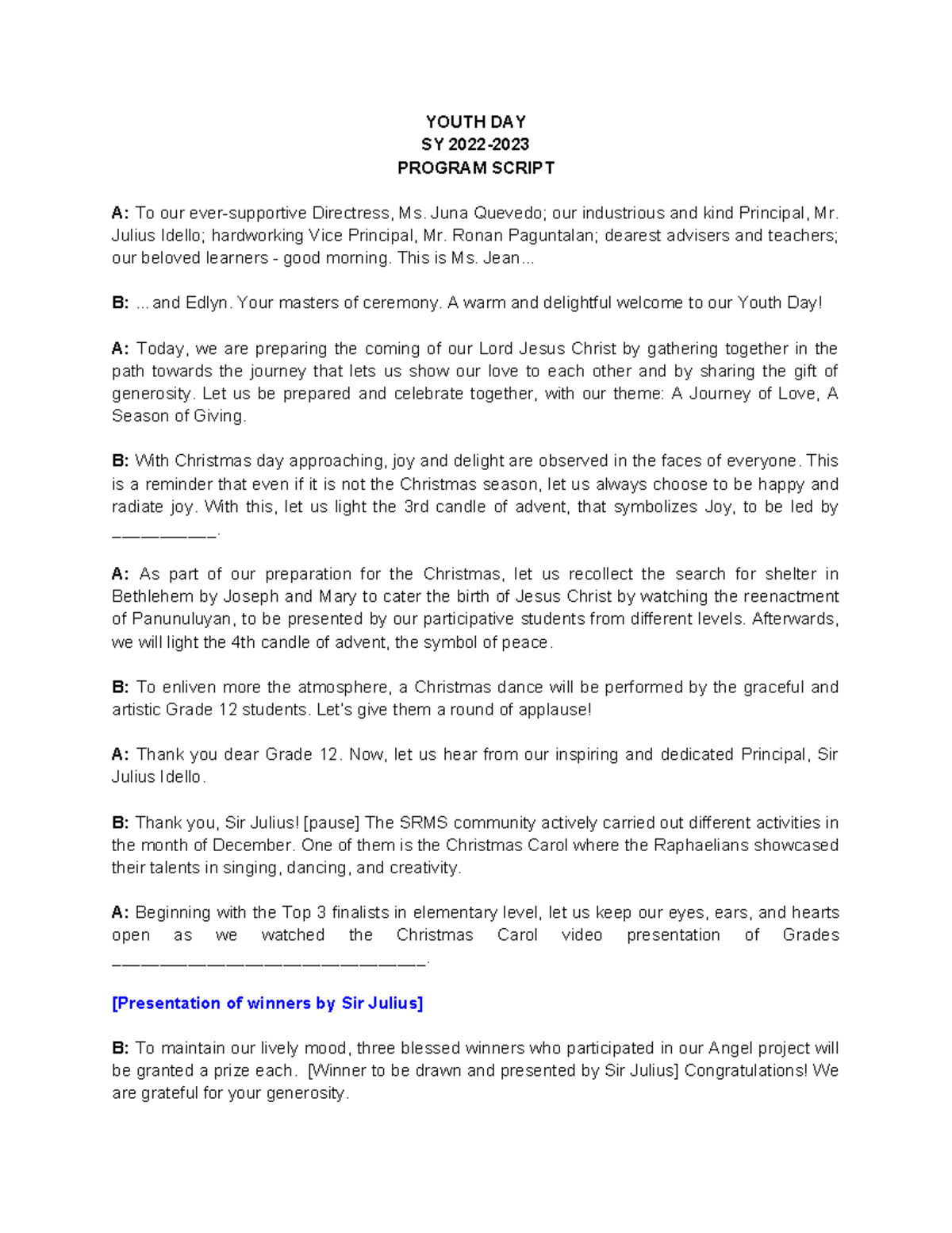 Youth-DAY- Script - YOUTH DAY SY 2022- PROGRAM SCRIPT A: To our ever ...