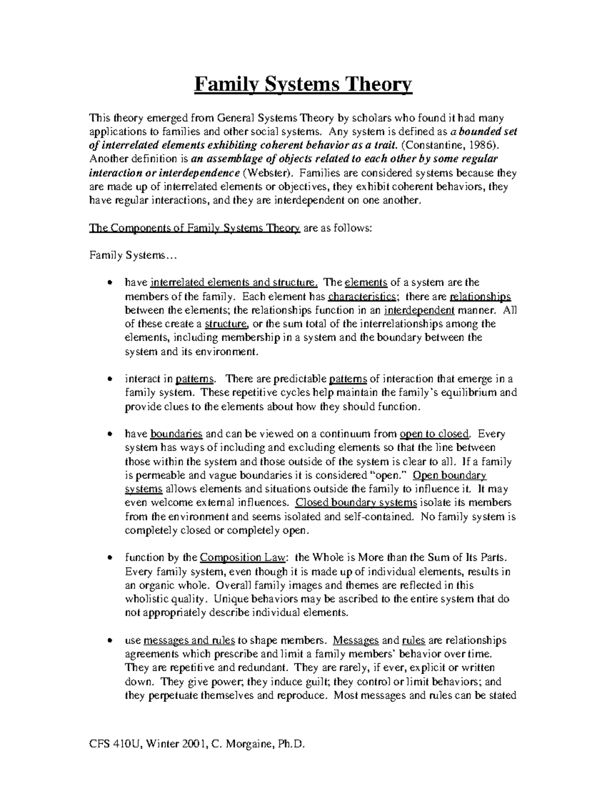 Family Systems Theory - CFS 410U, Winter 2001, C. Morgaine, Ph. Family ...
