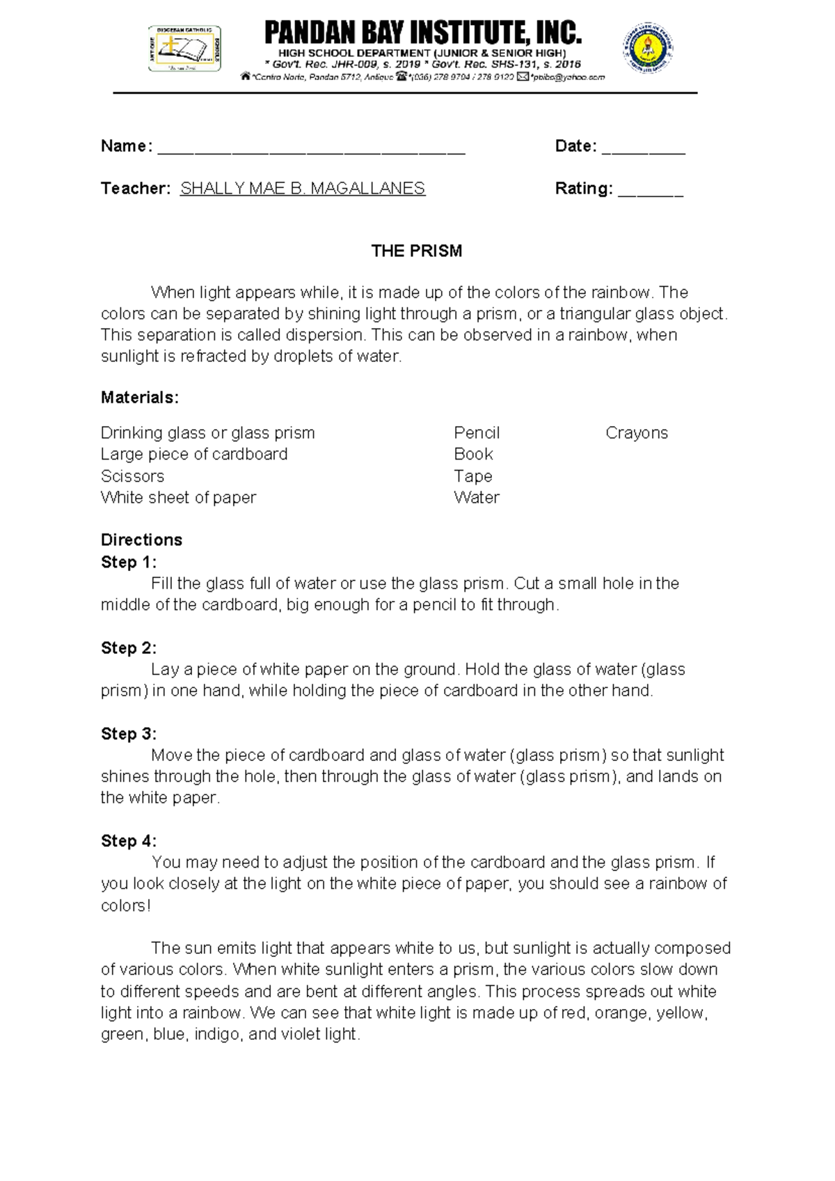 Experiment Light - This is an example of worksheet - Name