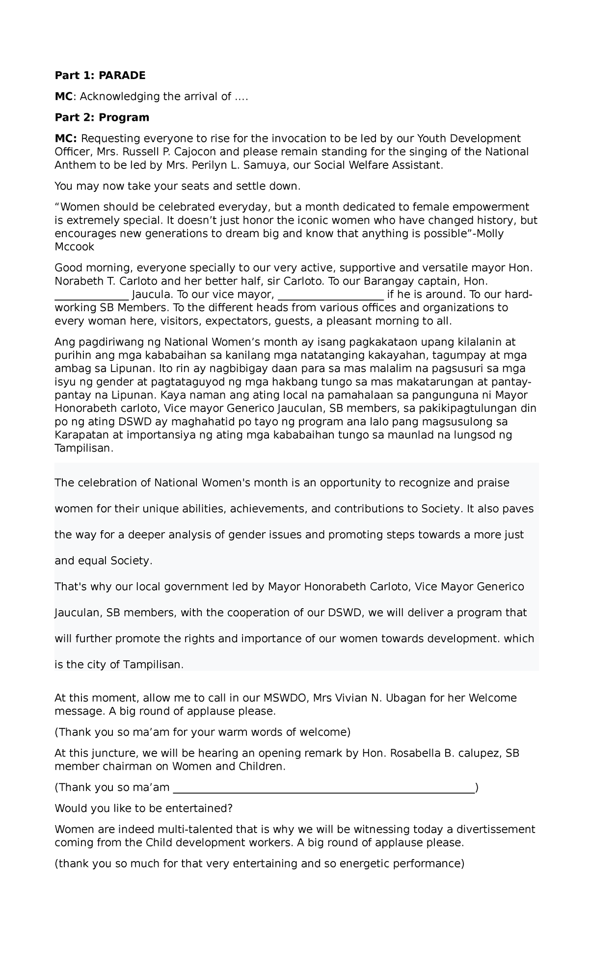 Women celebration script - Part 1: PARADE MC: Acknowledging the arrival ...