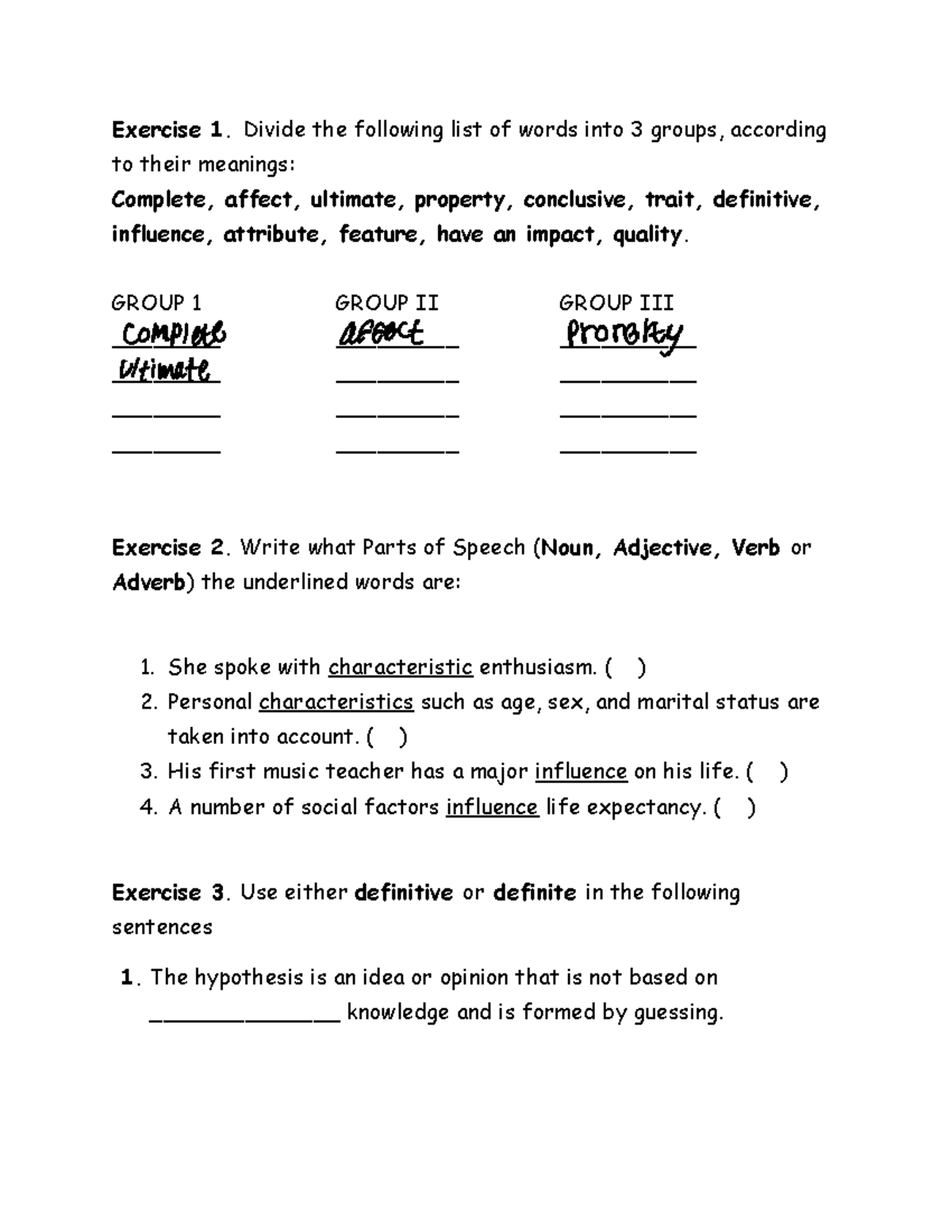 Class 2 - Exercise 1. Divide the following list of words into 3 groups ...