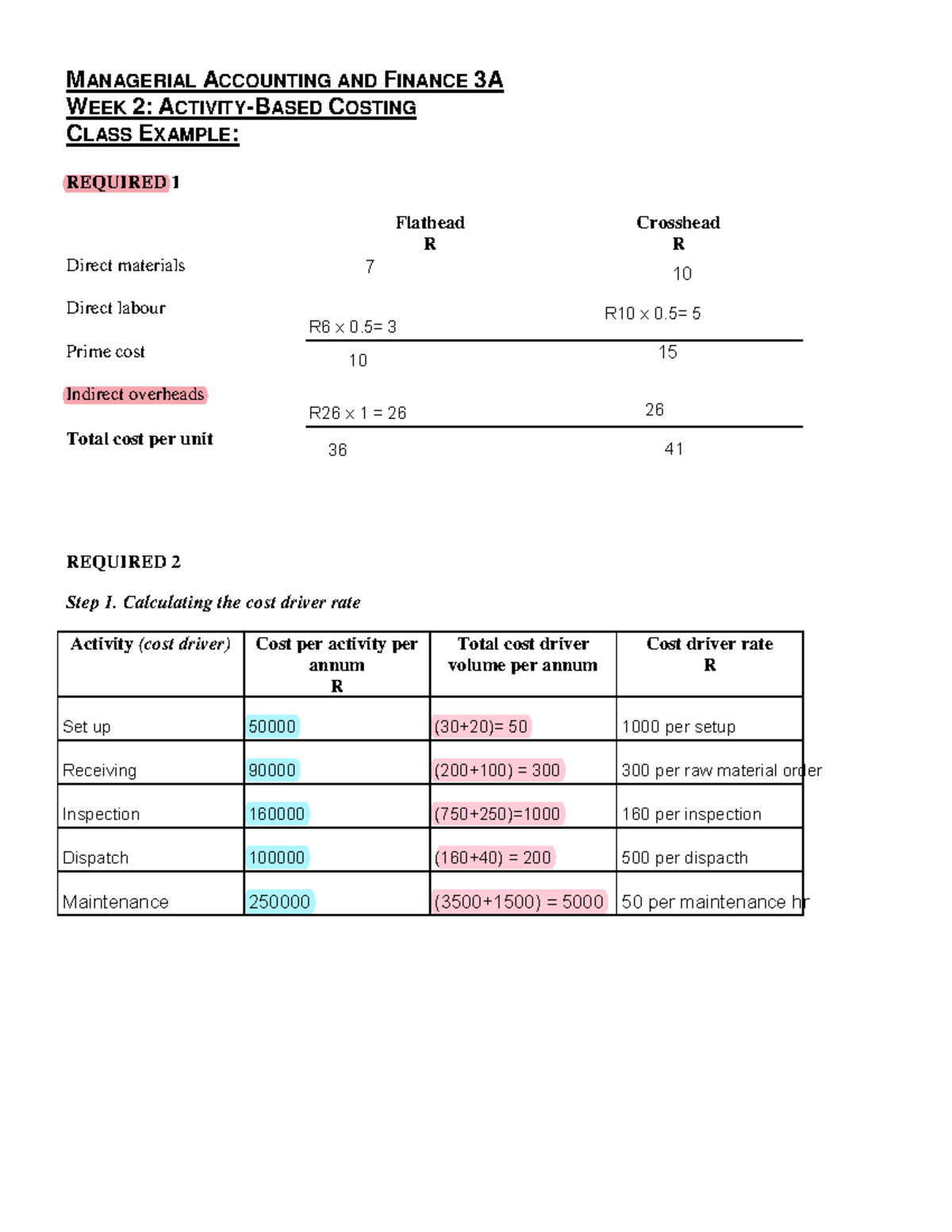 Week 2 ABC class example solution - MANAGERIAL ACCOUNTING AND FINANCE ...