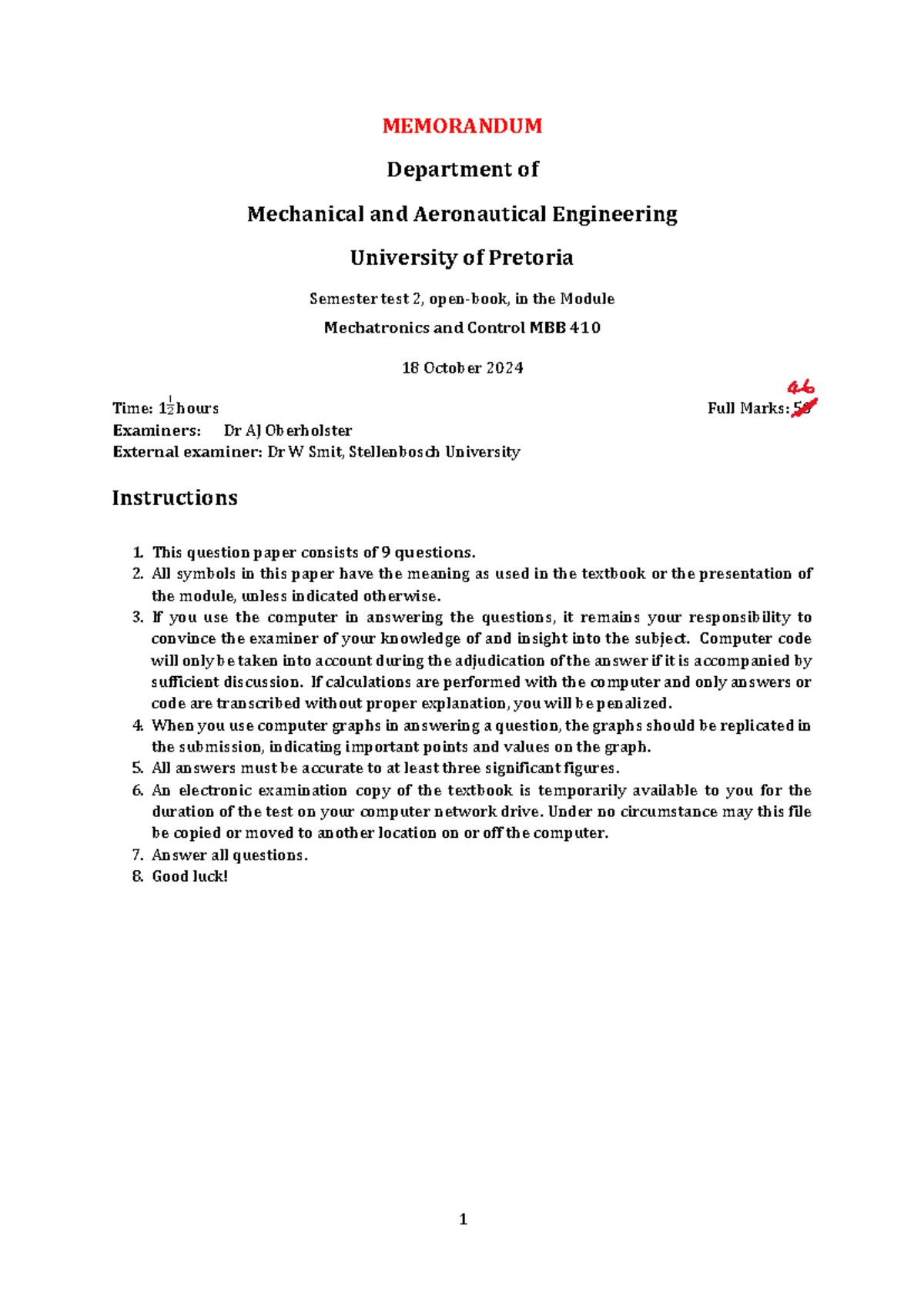 MBB410 2024 ST2 Memo 2024-10-23 - MEMORANDUM Department of Mechanical ...