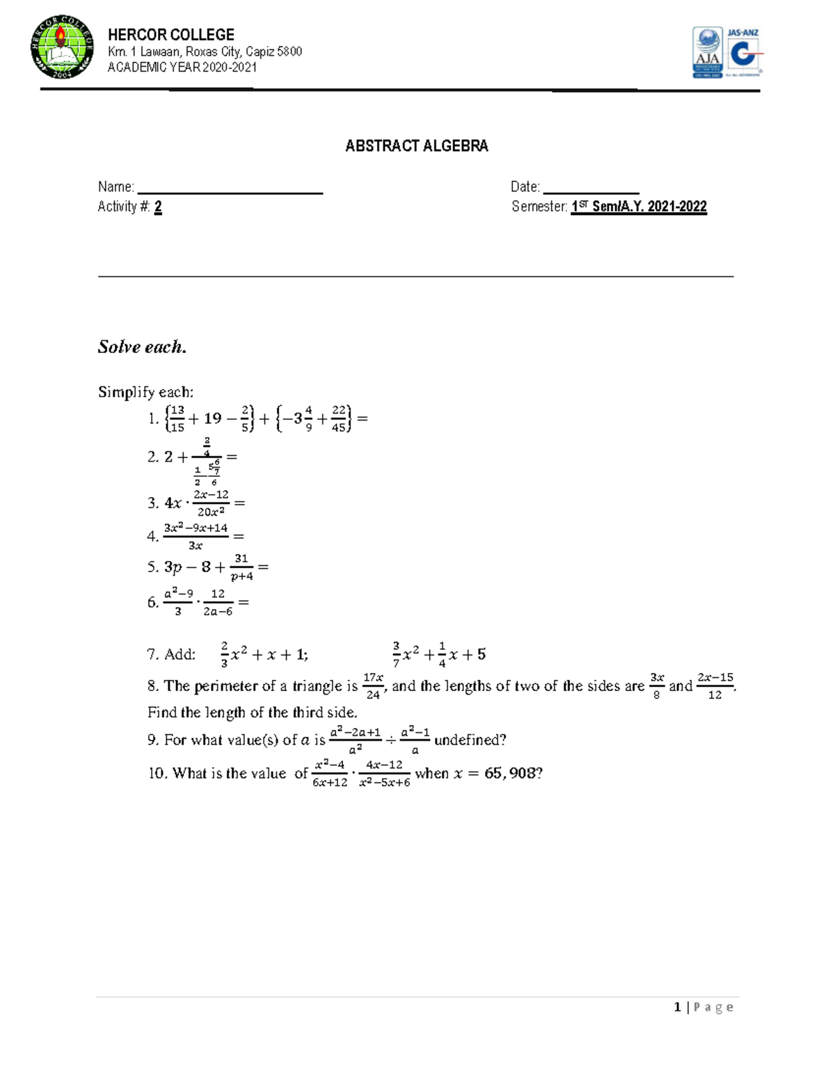 2ND- Activity - Eight - 1 | P a g e ABSTRACT ALGEBRA Name ...