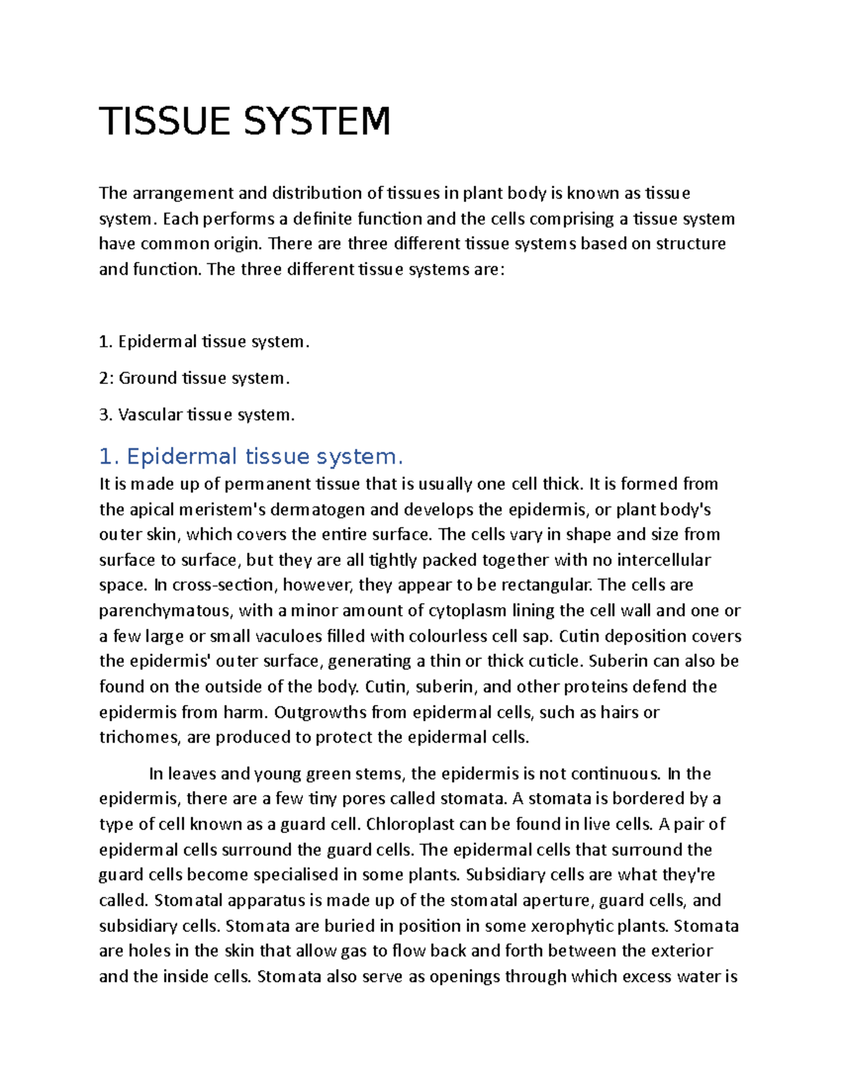 Brief NOTE ON Tissue System OF Plant - TISSUE SYSTEM The arrangement ...