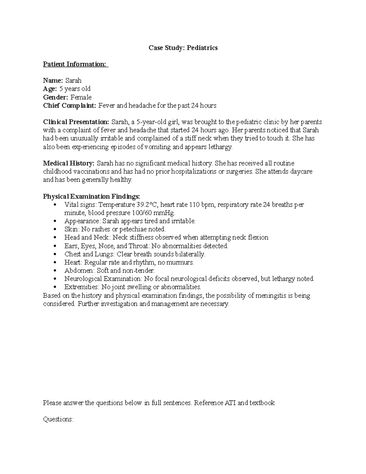 Case Study PEDS 2 - Case Study: Pediatrics Patient Information: Name ...