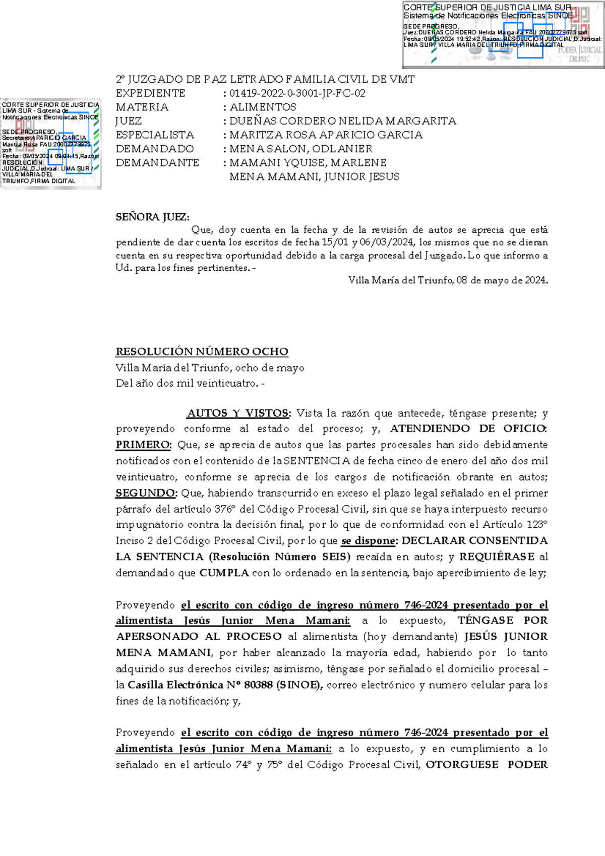 Res 2022014 190152445000417346 - 2° JUZGADO DE PAZ LETRADO FAMILIA ...