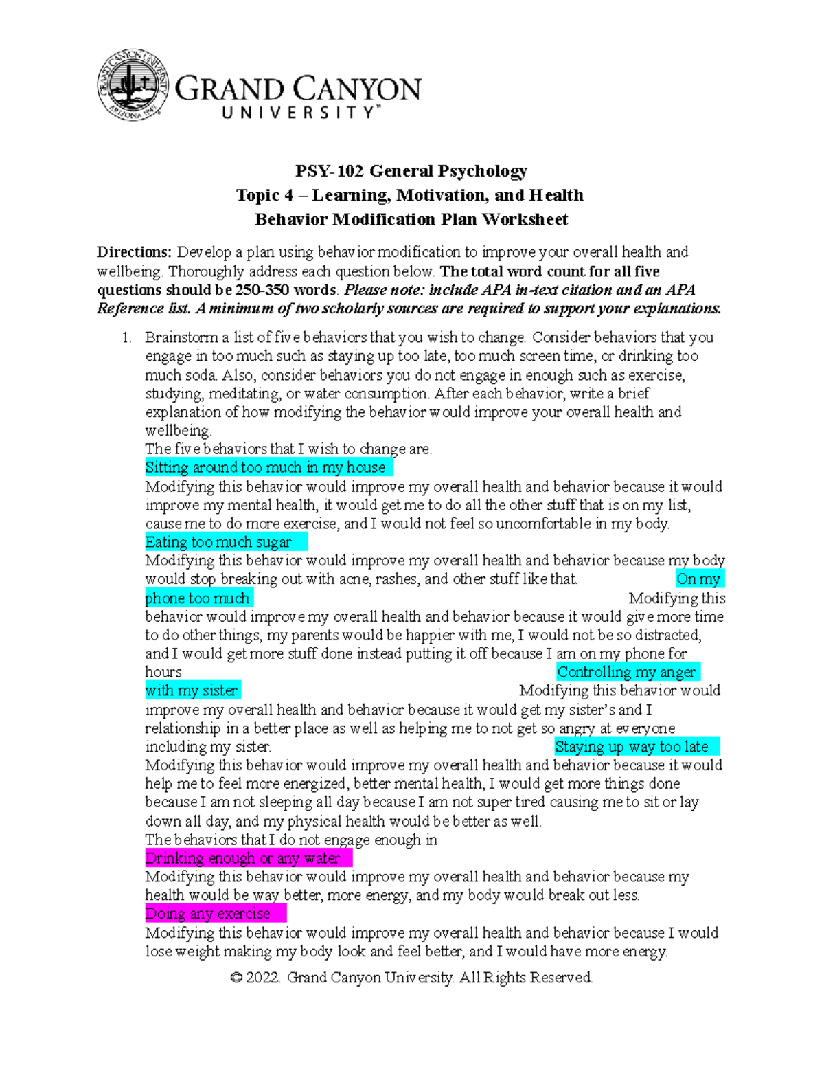 PSY 102 RS T4 Behavior Modification Plan - PSY-102 General Psychology ...
