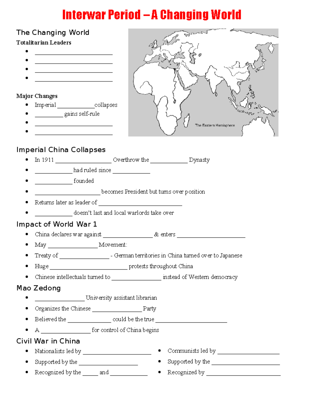 Interwar Asia Notes - Interwar Period – A Changing World The Changing ...