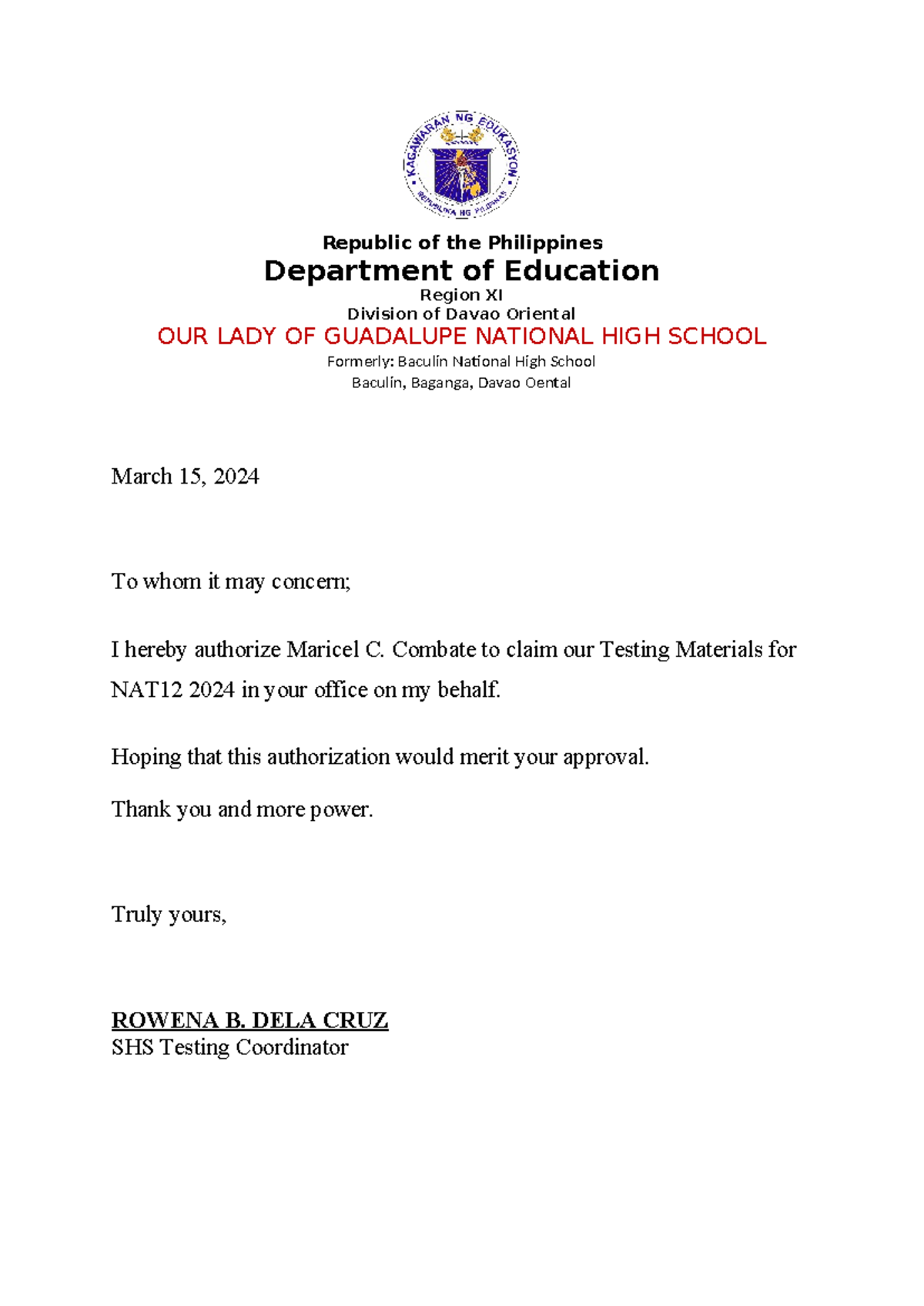 Authorization - Republic of the Philippines Department of Education ...